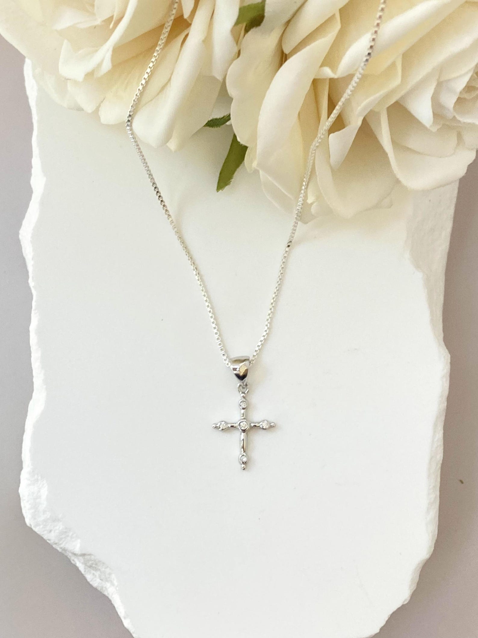 Dainty Sterling Silver Cross Necklace – CZ Accent Pendant - Etsy