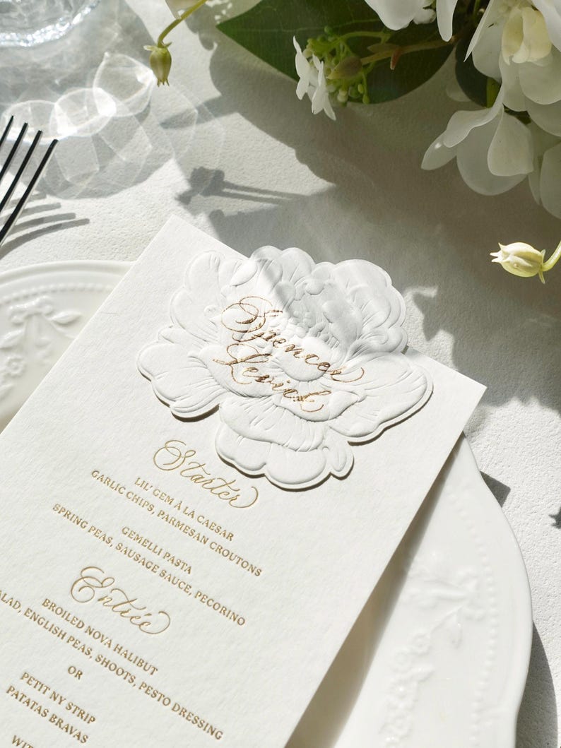 Gold Foil Wedding Menu & Embossed Peony Handwritten Calligraphy Place ...