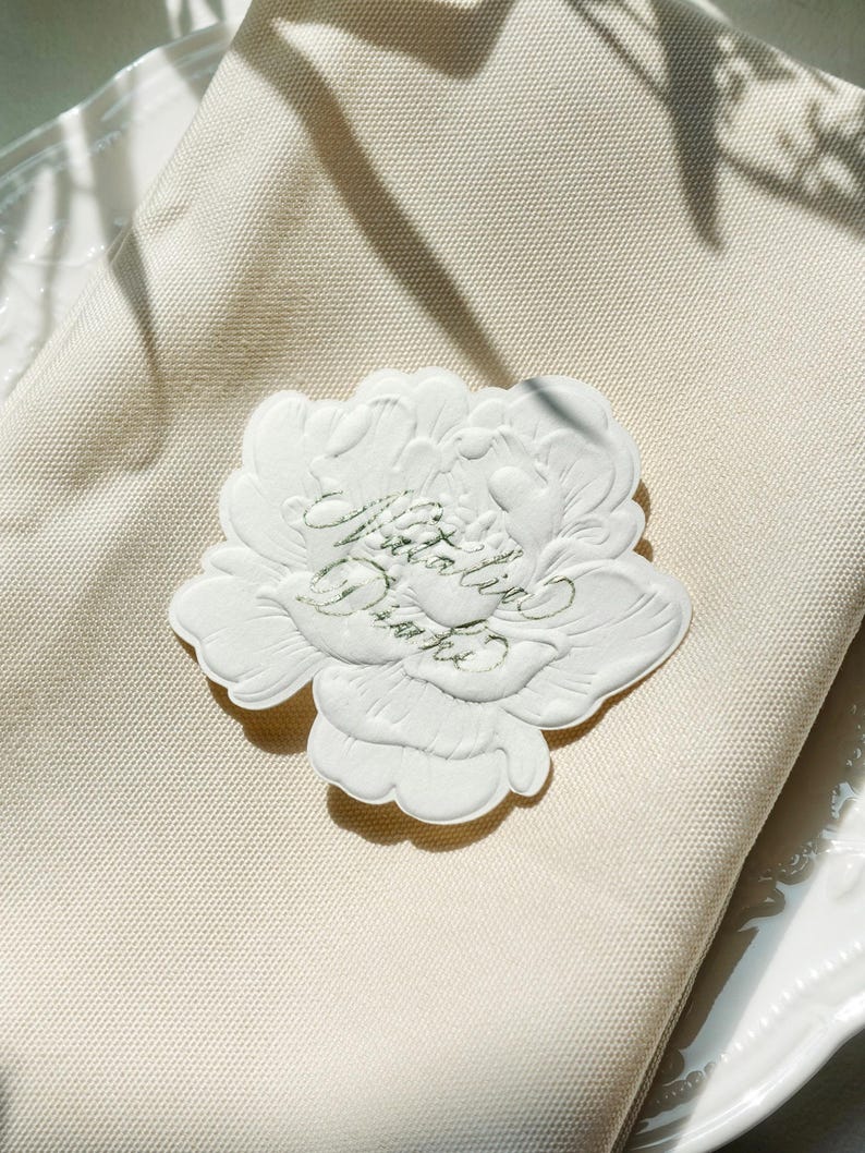 Gold Foil Wedding Menu & Embossed Peony Handwritten Calligraphy Place ...