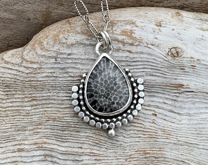 Black Fossil Coral Teardrop Lotus Necklace in Sterling Silver - Artisan ...