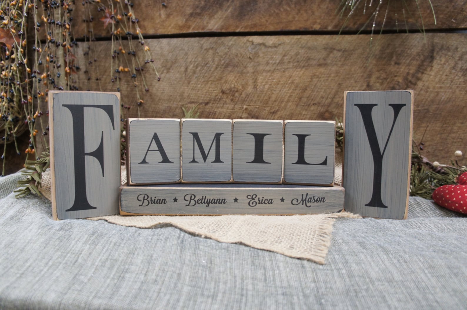 Family Block Set Custom With Names 7 Pieces All Wood Rustic - Etsy