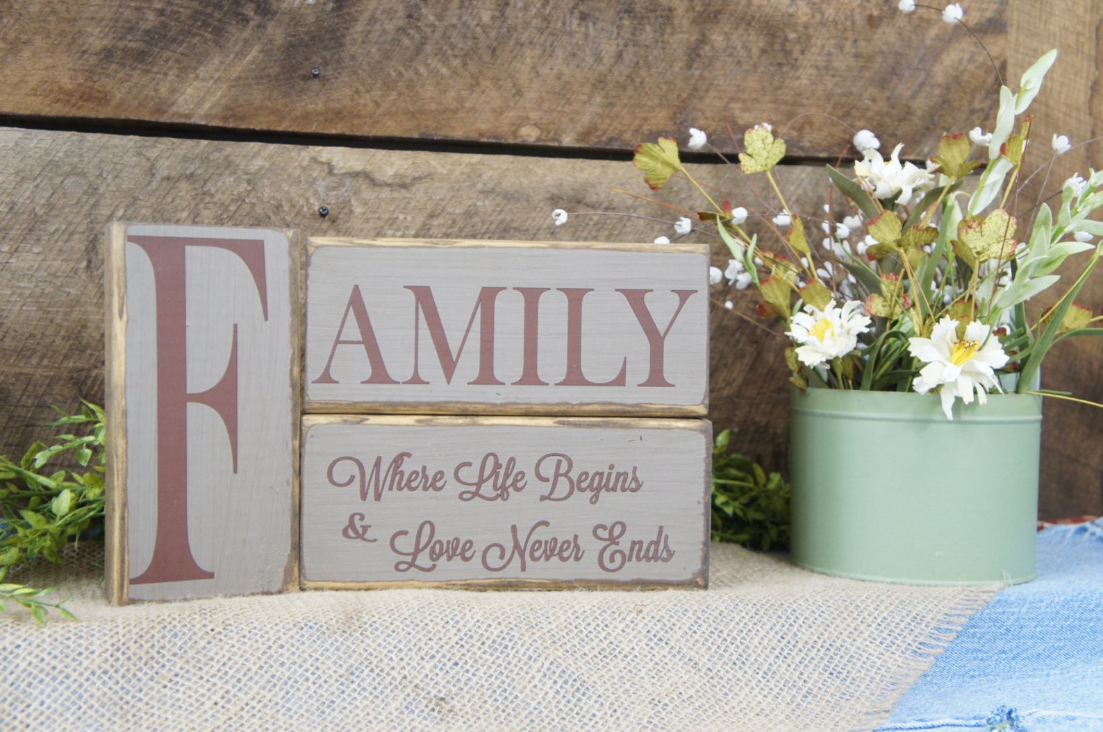 Family Rustic Decor All Wood Block Sets Signs 3 Piece Block - Etsy