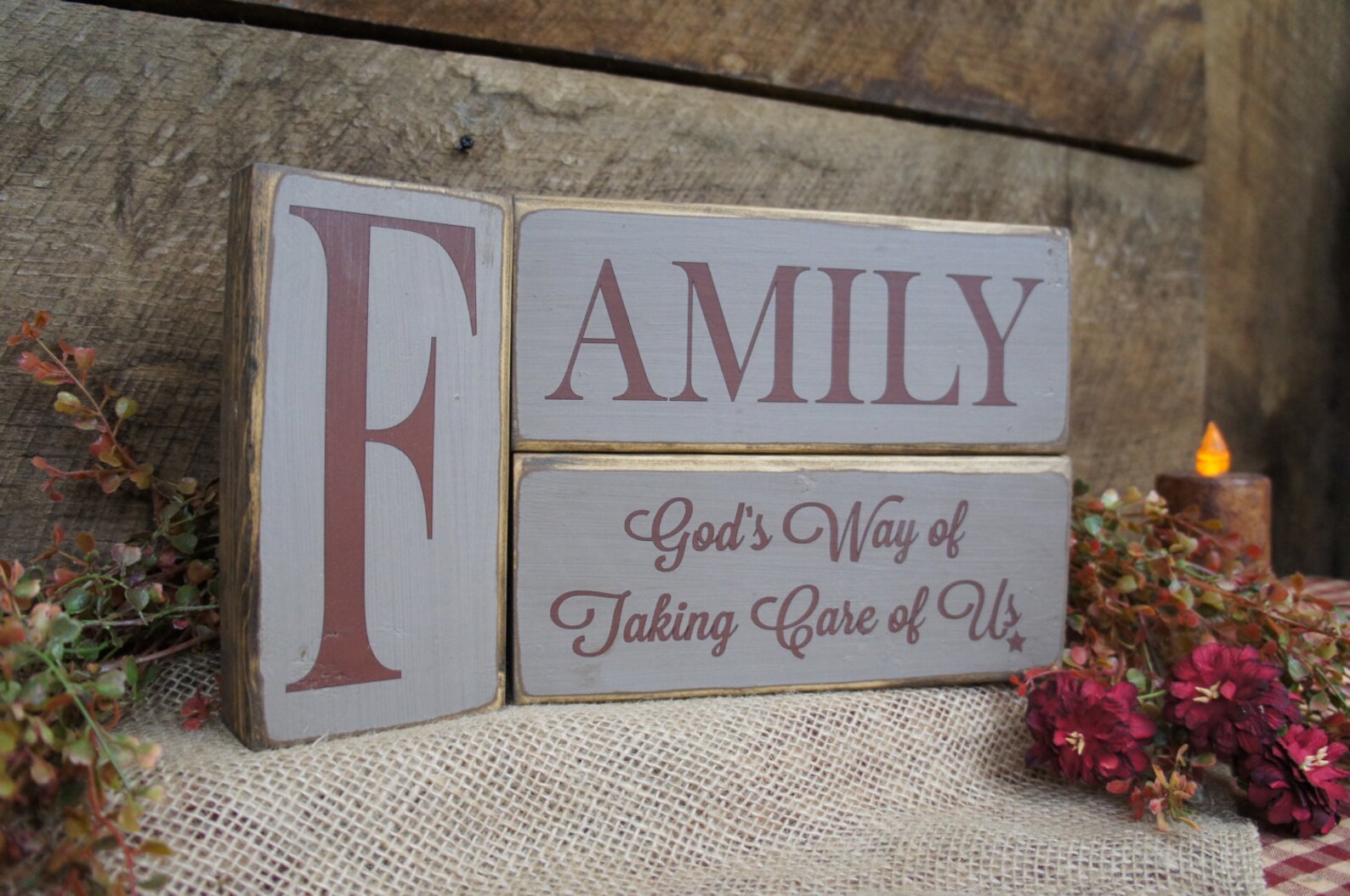 Family Decor All Wood Blok Set 3 Pc Wooden Rustic Family Block - Etsy