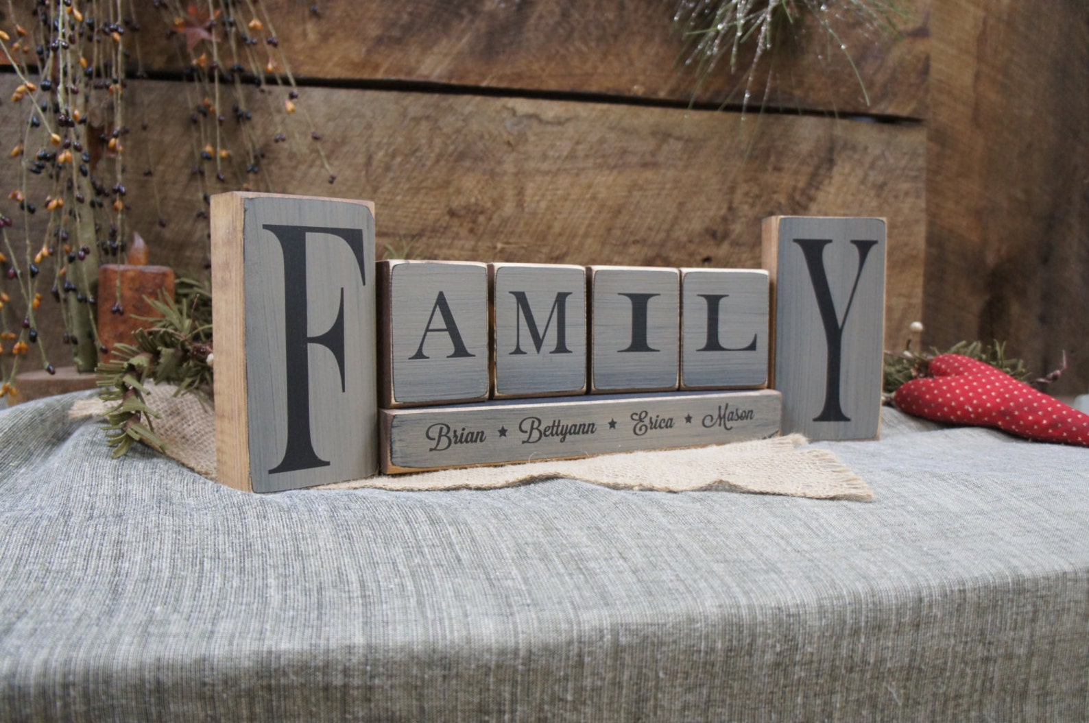 Family Block Set Custom With Names 7 Pieces All Wood Rustic - Etsy