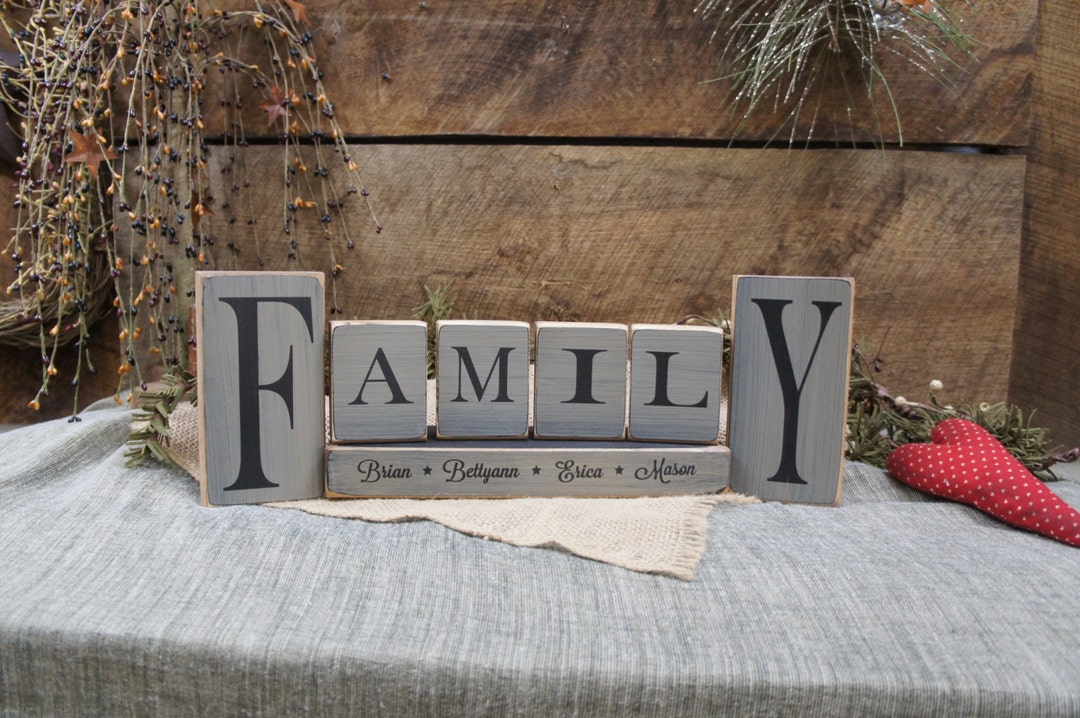Family Block Set Custom With Names- 7 Pieces All Wood Rustic Style ...