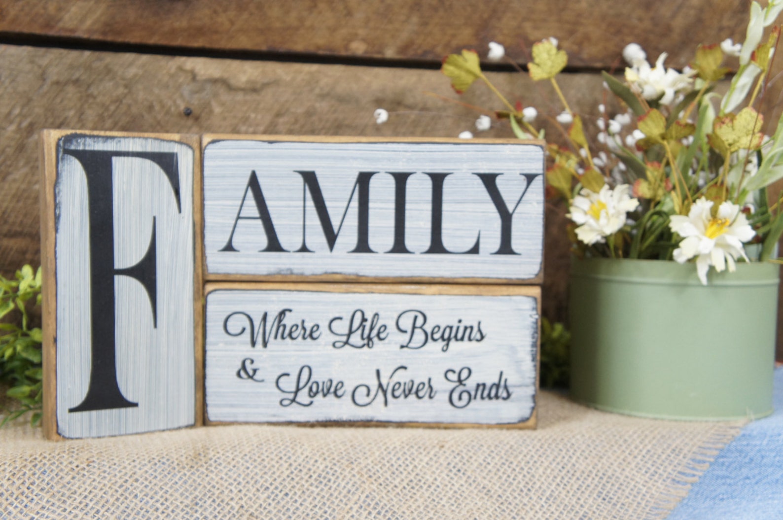 Family Rustic Decor All Wood Block Sets Signs 3 Piece Block - Etsy
