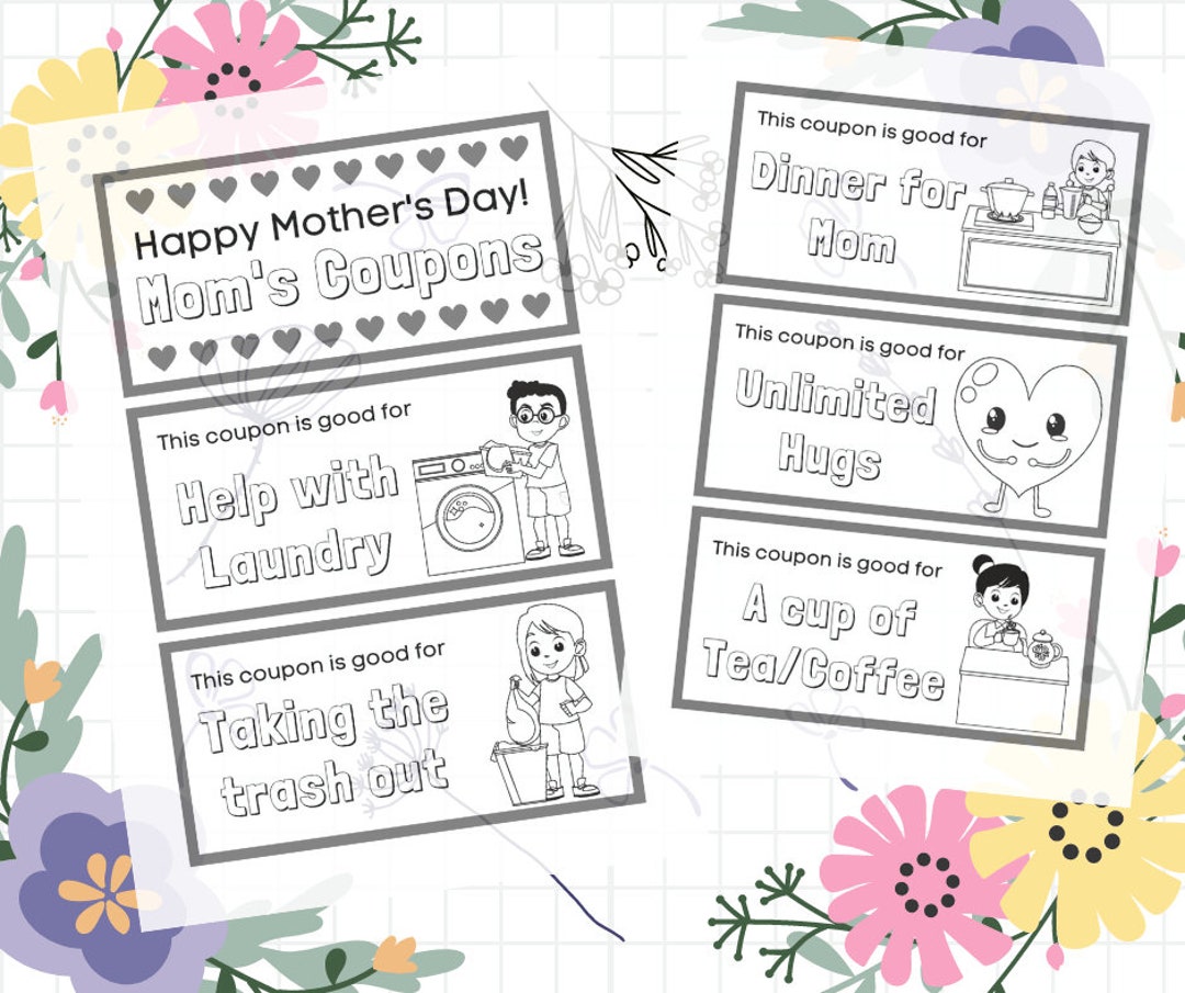 Mother's Day Coupon Book, Coloring Mothers Day Gift Printable Coupon ...
