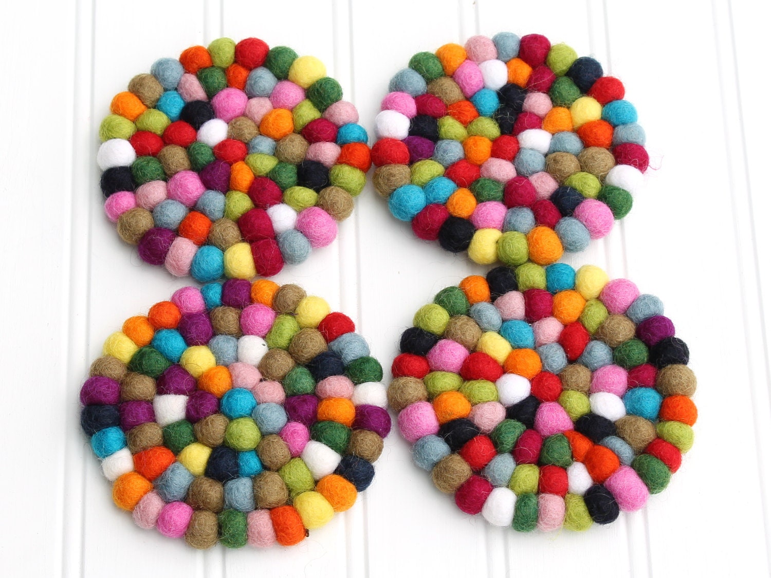 Rainbow Felt Ball Coasters - Set of 4 // Multicolor Coasters, Felt Ball ...