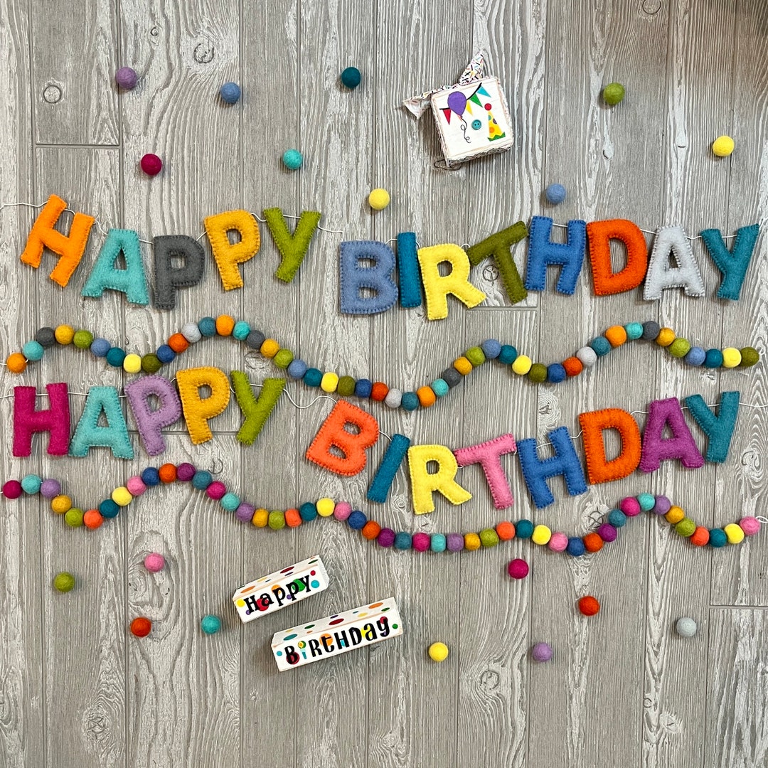 Happy Birthday Felt Ball Garland, Pom Pom Garland, Bunting Banner ...