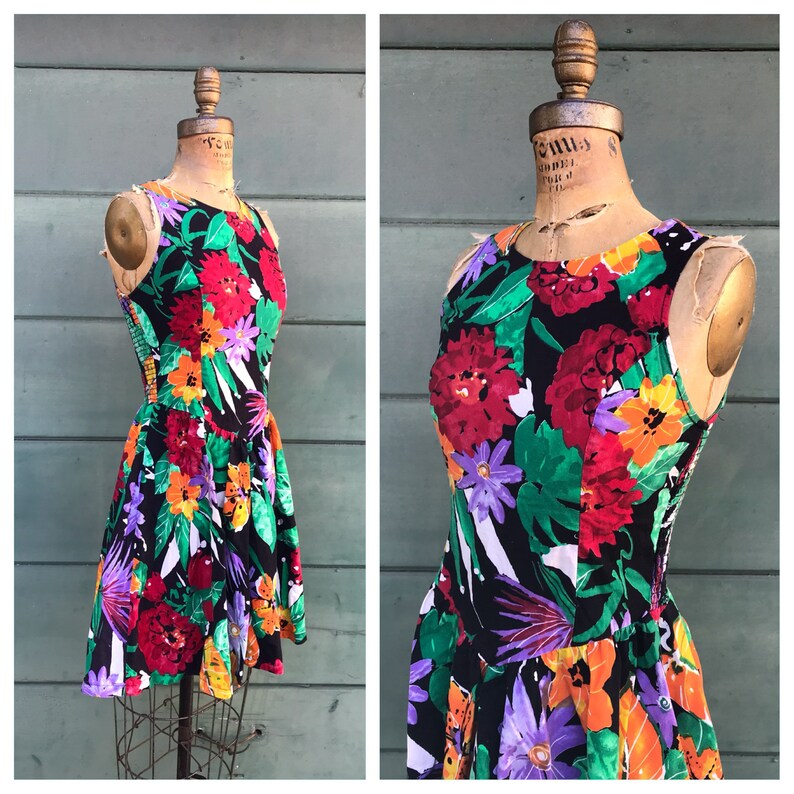 SMOCKED MINI SUNDRESS 1980's 80s Vintage 90s 1990’s Black Floral Flower ...