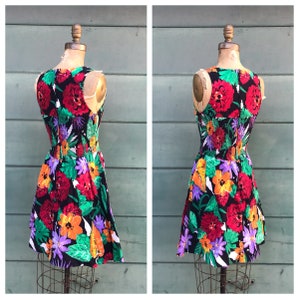 SMOCKED MINI SUNDRESS 1980's 80s Vintage 90s 1990’s Black Floral Flower ...