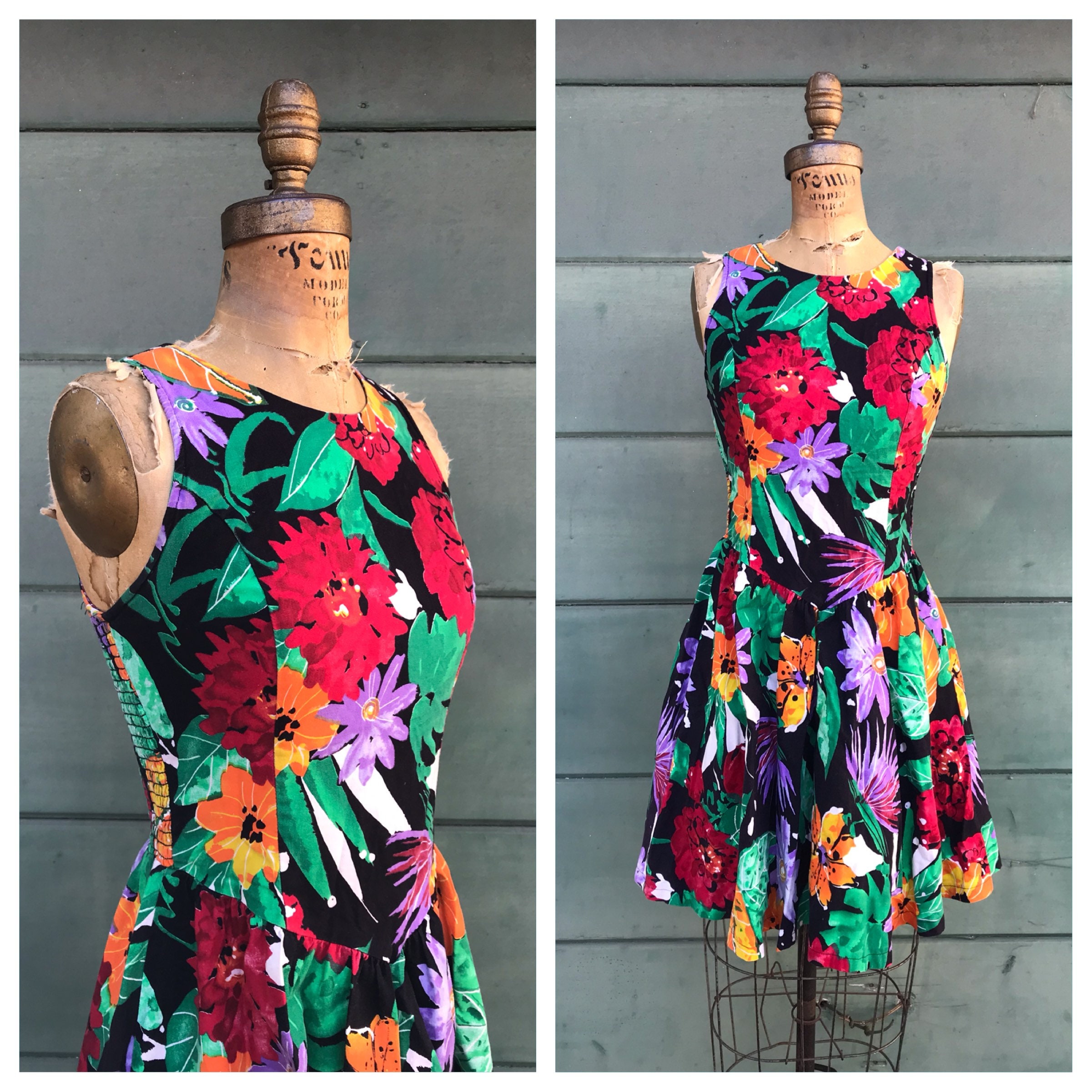 SMOCKED MINI SUNDRESS 1980's 80s Vintage 90s 1990’s Black Floral Flower ...