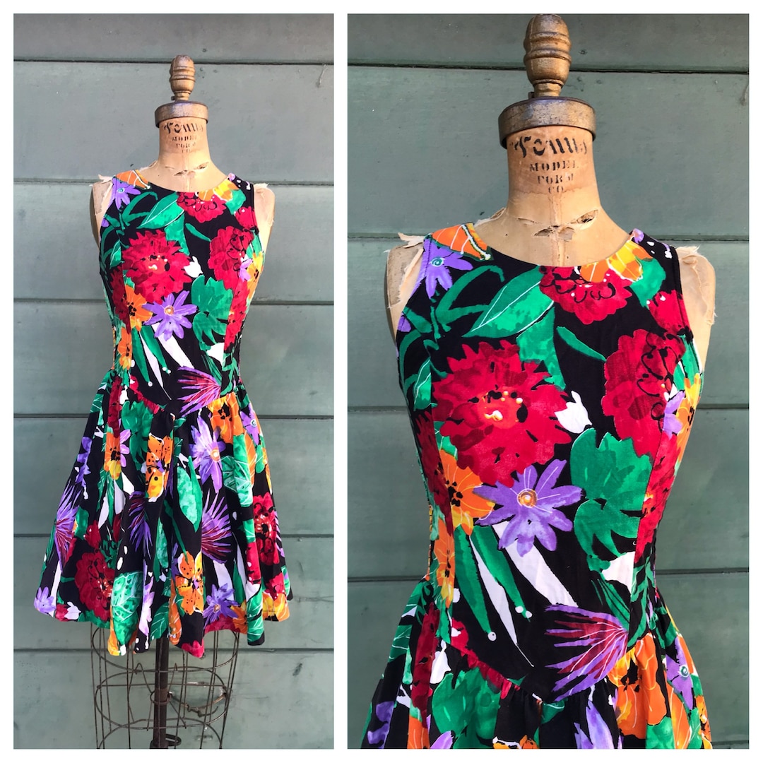 SMOCKED MINI SUNDRESS 1980's 80s Vintage 90s 1990’s Black Floral Flower ...