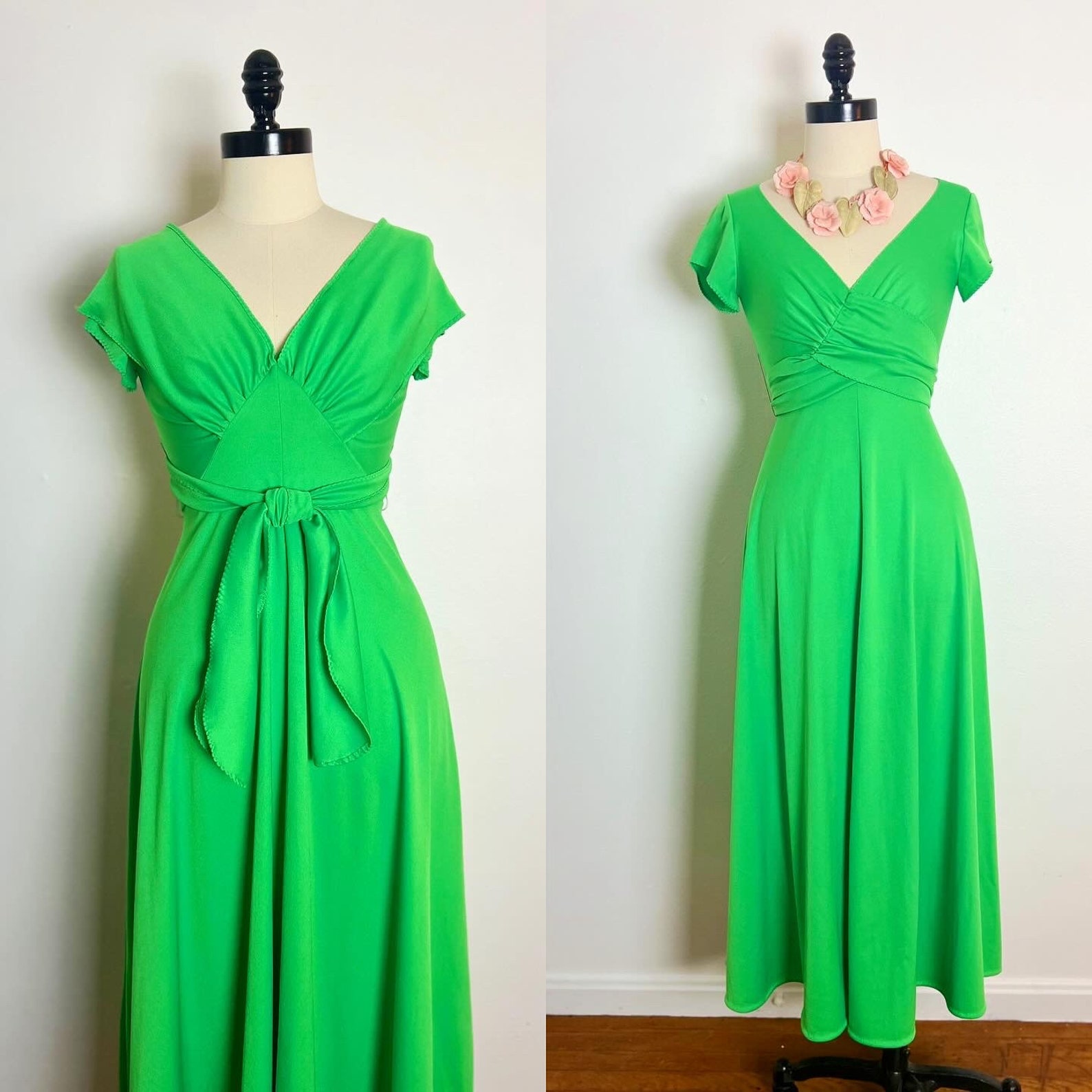 SHAMROCK Kelly Apple Green 1970s 70s Empire Waist Plunging V Bust ...
