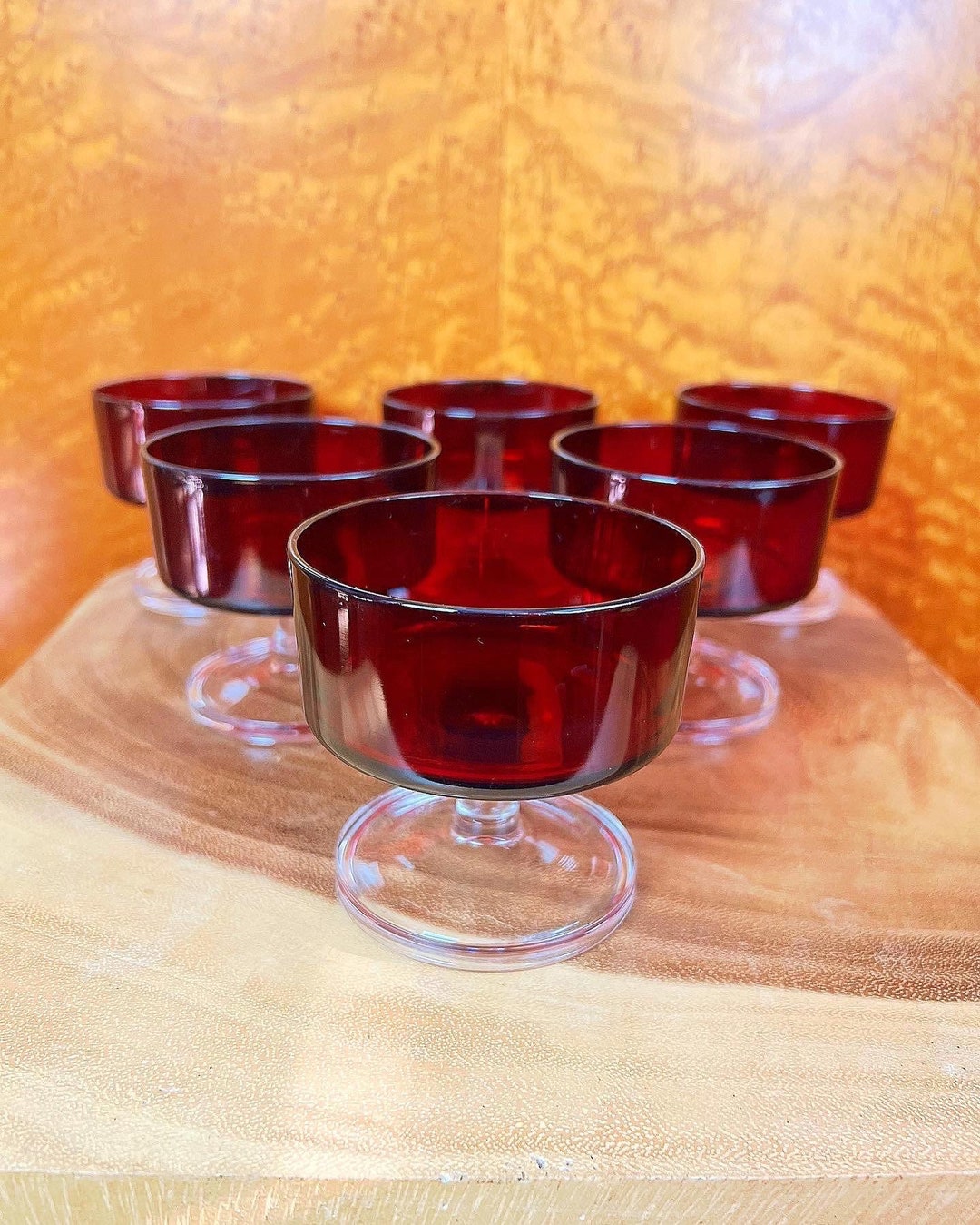 FRENCH LUMINARC France Set of 6 Ruby Red Stained Glass & Clear Dessert ...