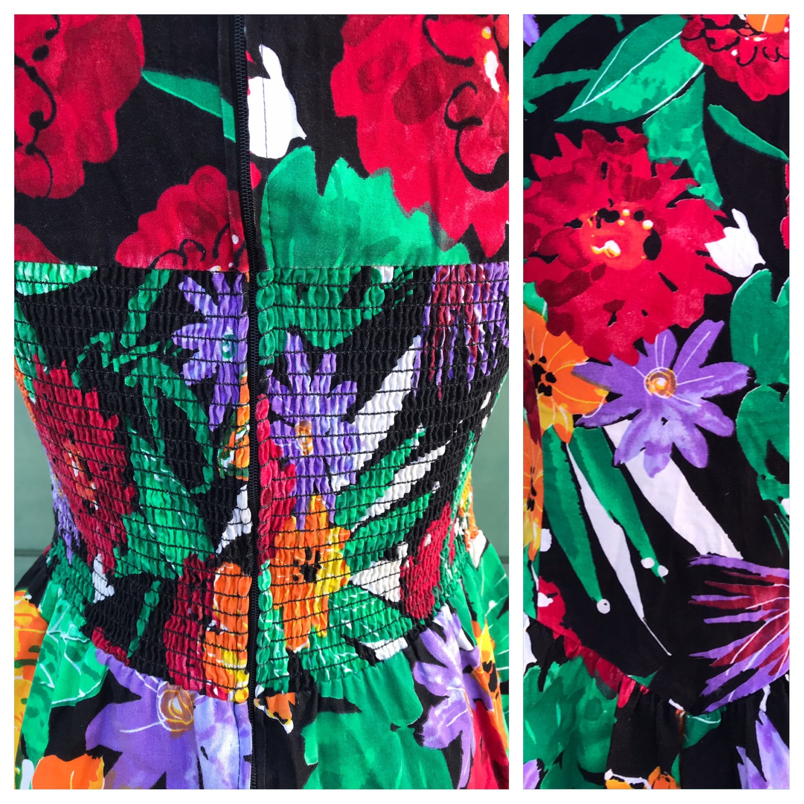 SMOCKED MINI SUNDRESS 1980's 80s Vintage 90s 1990’s Black Floral Flower ...