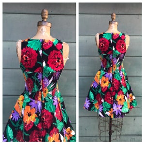 SMOCKED MINI SUNDRESS 1980's 80s Vintage 90s 1990’s Black Floral Flower ...