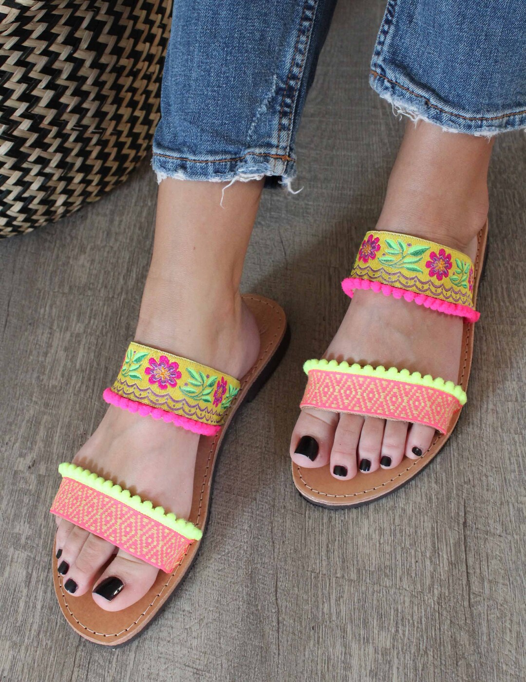 Summer Sandals, Neon Sandals, Beachwear Sandals, Pom Pom Sandals,flat ...