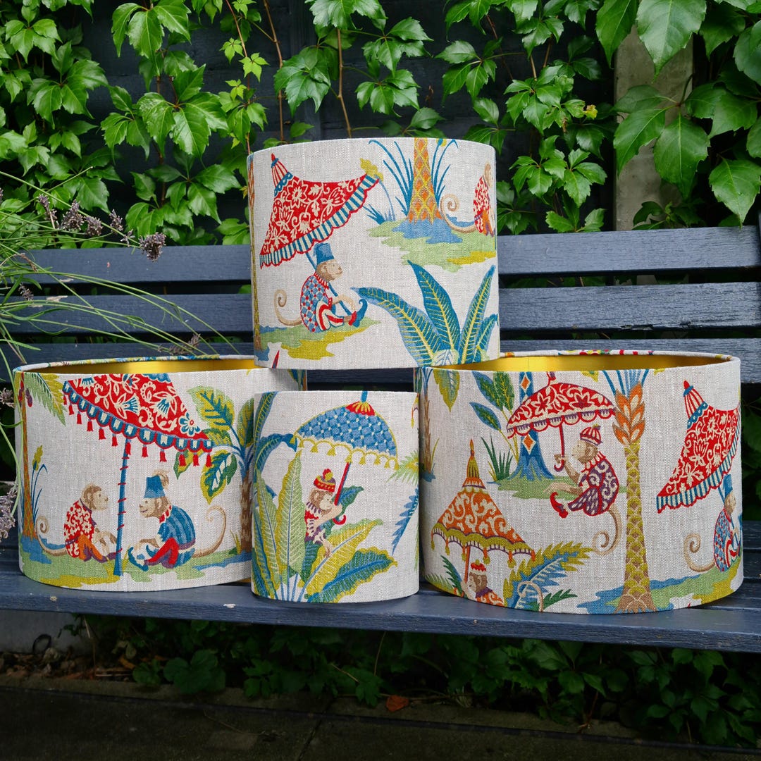 MONKEY PARASOL Drum Lampshade Cheeky Monkey Exotic Linen Fabric ...