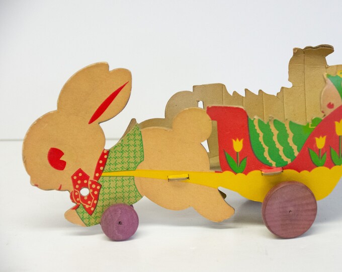 Vintage Heavy Cardboard Easter Bunny Flower Basket Cart Pull Toy Candy ...