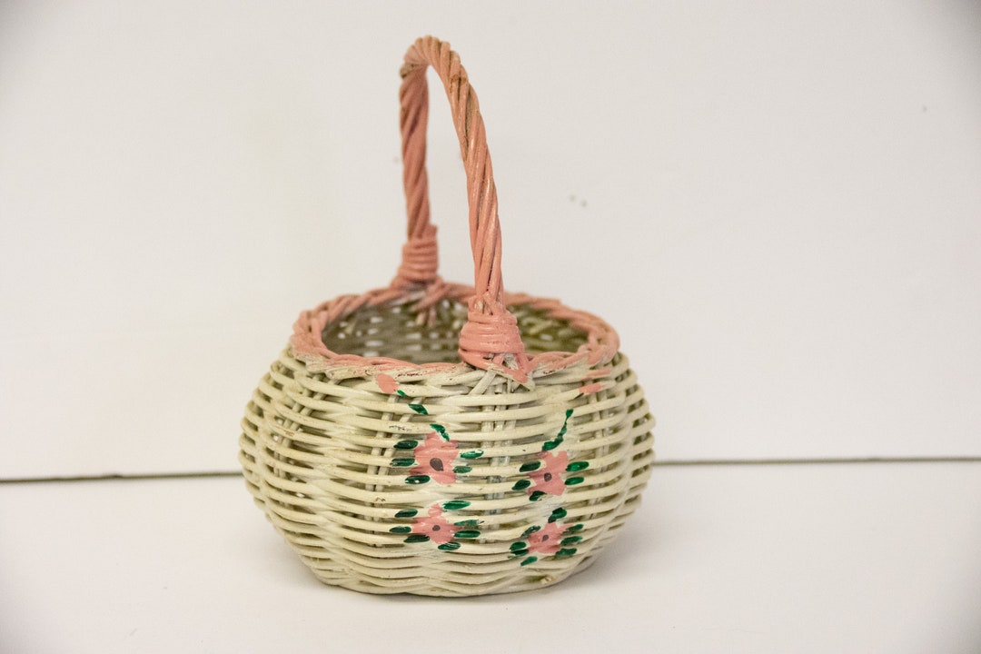 Vintage Miniature Berry Basket Wicker Basket Pink Floral Painted Sally ...