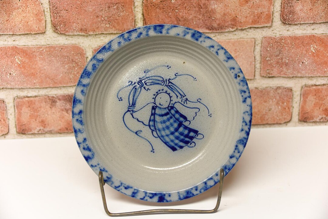 Vintage Blue Decorated Stoneware Plate Dish Eldreth Pottery Angel ...