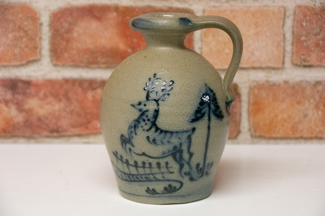 Vintage Stoneware Rowe Pottery Syrup Jug Cobalt Blue Decorated Deer ...