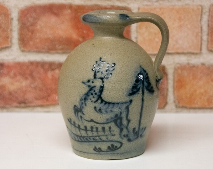 Vintage Stoneware Rowe Pottery Syrup Jug Cobalt Blue Decorated Deer ...