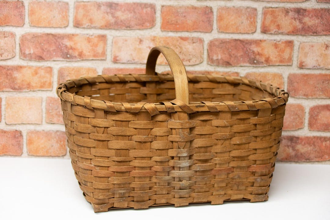 Antique Handmade Splint Fixed Handle Field Gathering Basket Market ...
