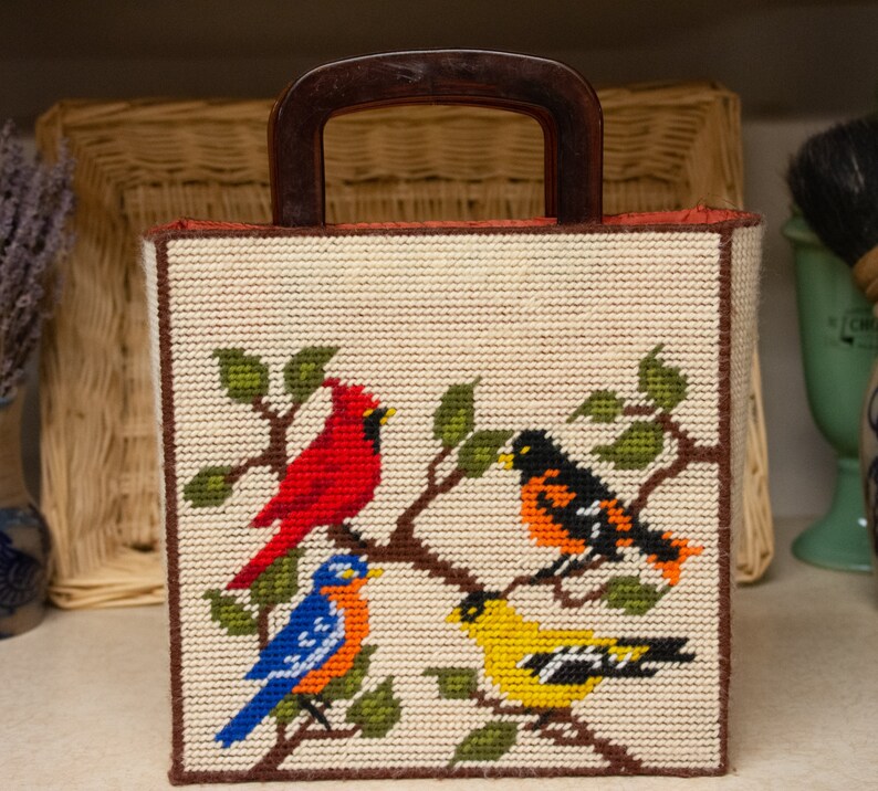 Vintage Boho Hippie Plastic Handle Needlepoint Birds on Branches ...