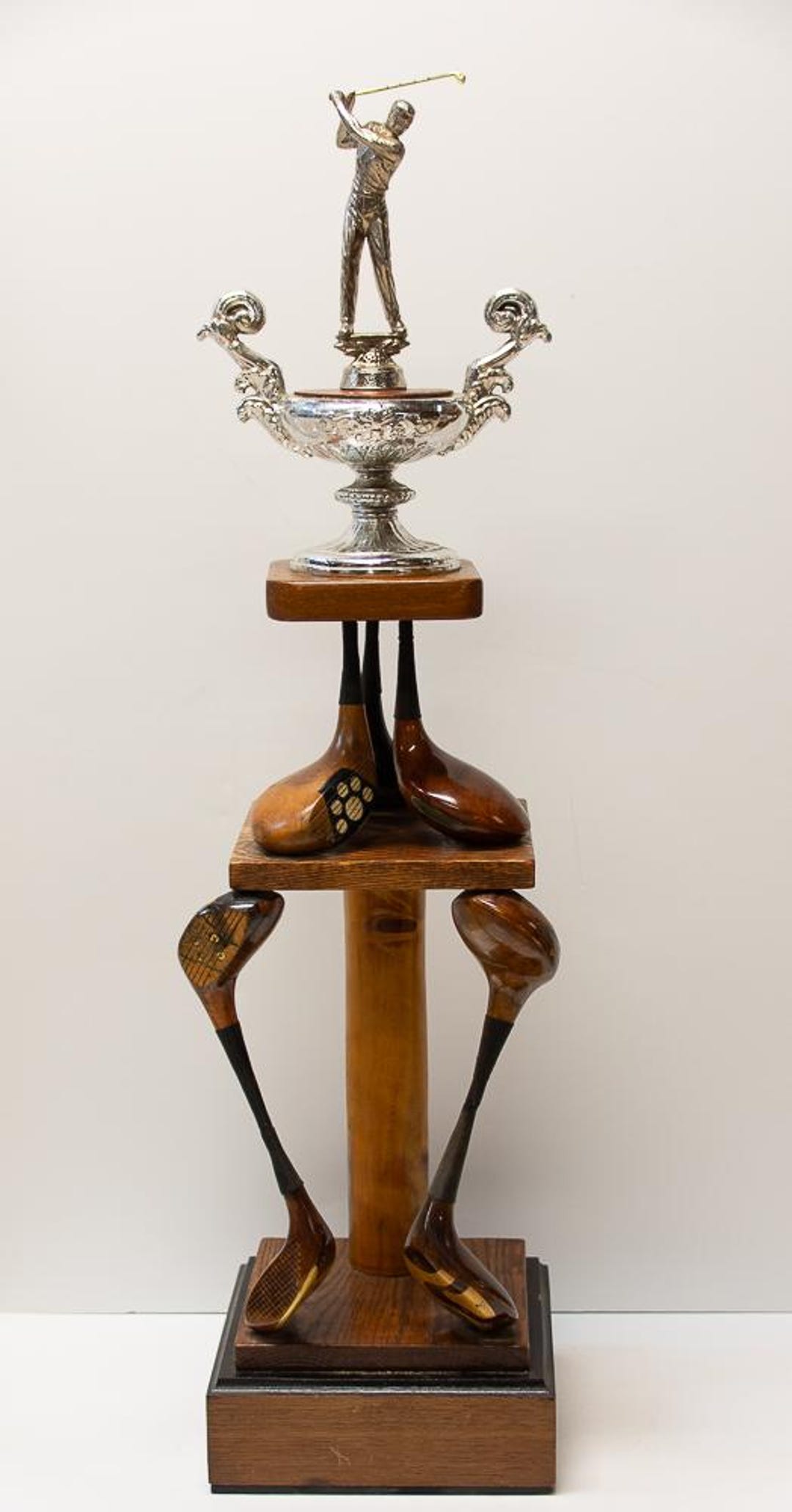 Vintage Golf Trophy Statue: MCM Wood Club Heads, Country Club Decor ...