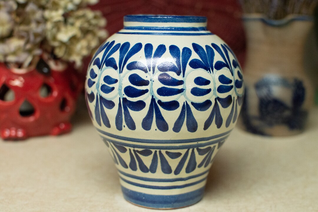 Decorated Redware Vase With Blue and White Design Vintage Pottery - Etsy