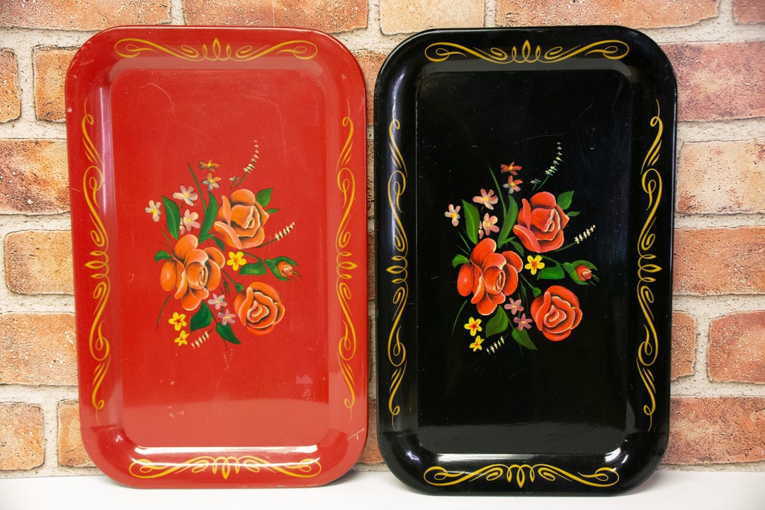 Pair of Mid-century Toleware Tin Trays Roses Floral Red Black Cottage ...
