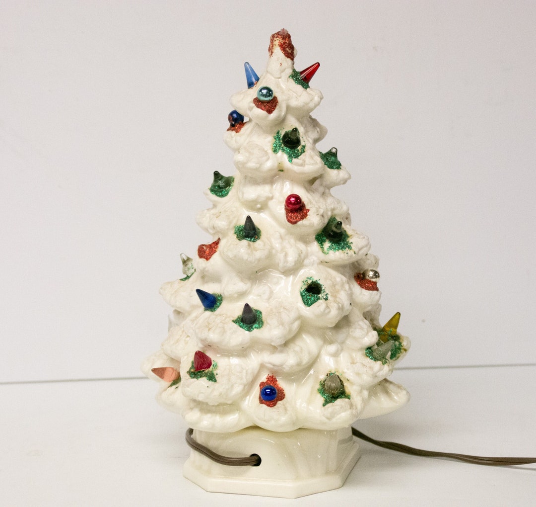 Vintage White Ceramic Light up Christmas Tree Table Top Holiday ...