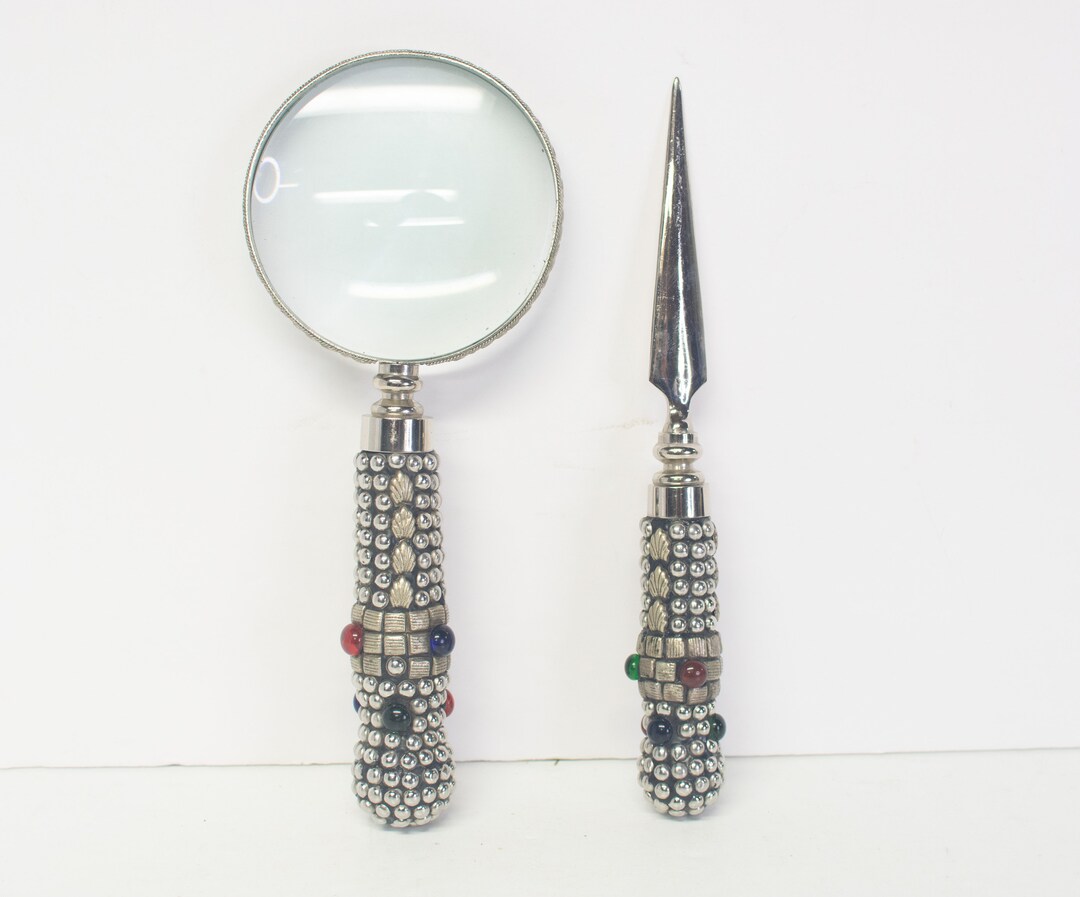Vintage Desk Set Ornate Jeweled Silver Magnifying Glass Letter Opener ...
