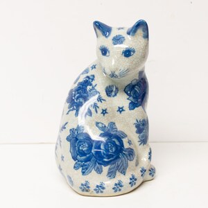 Classic Delft Blue Style Ceramic Figural Calico Cat Figurine Blue and ...