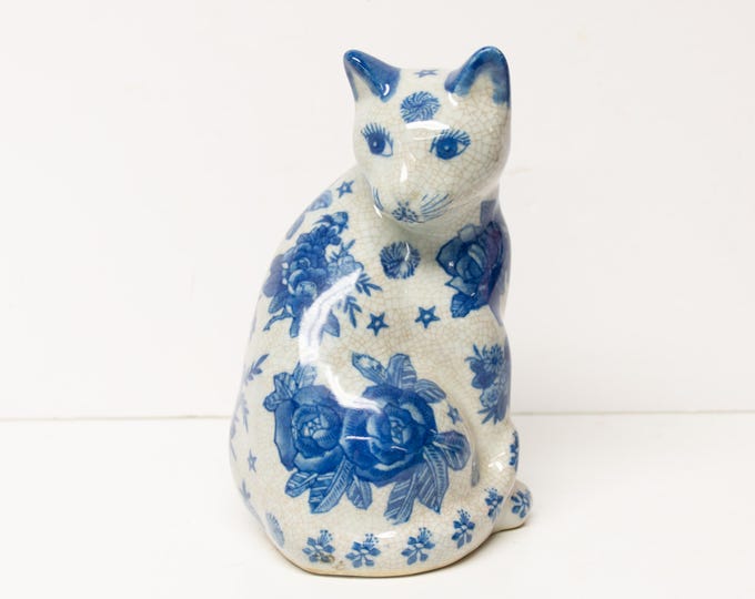 Classic Delft Blue Style Ceramic Figural Calico Cat Figurine Blue and ...