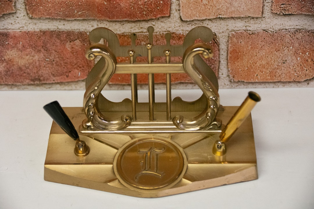 Vintage Lyre Harp Desk Letter Holder Bill Holder Paperweight Pen Holder ...