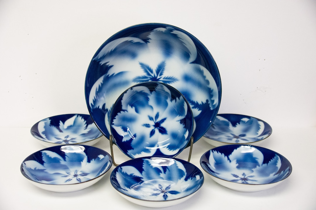 Vintage Porcelain Flow Blue China 7 Piece Serving Set Berry Salad Bowl ...