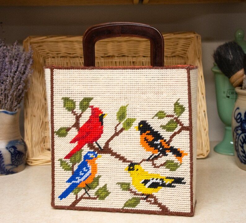 Vintage Boho Hippie Plastic Handle Needlepoint Birds on Branches ...