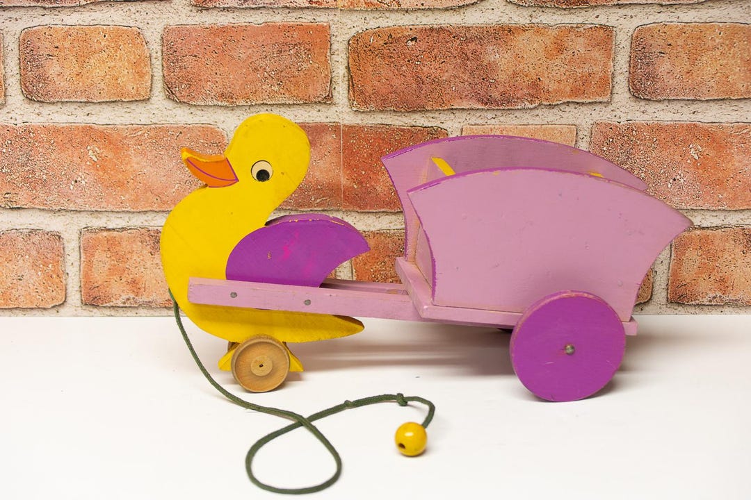 Mid Century Wood Painted Pull Toy Easter Duck Egg Wagon Holiday Decor ...