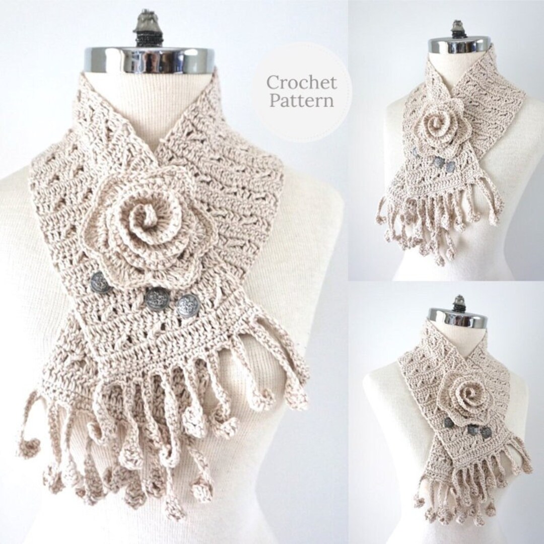 Floral Rose Scarf Crochet Pattern With a Beautiful Rose Brooch Accent ...