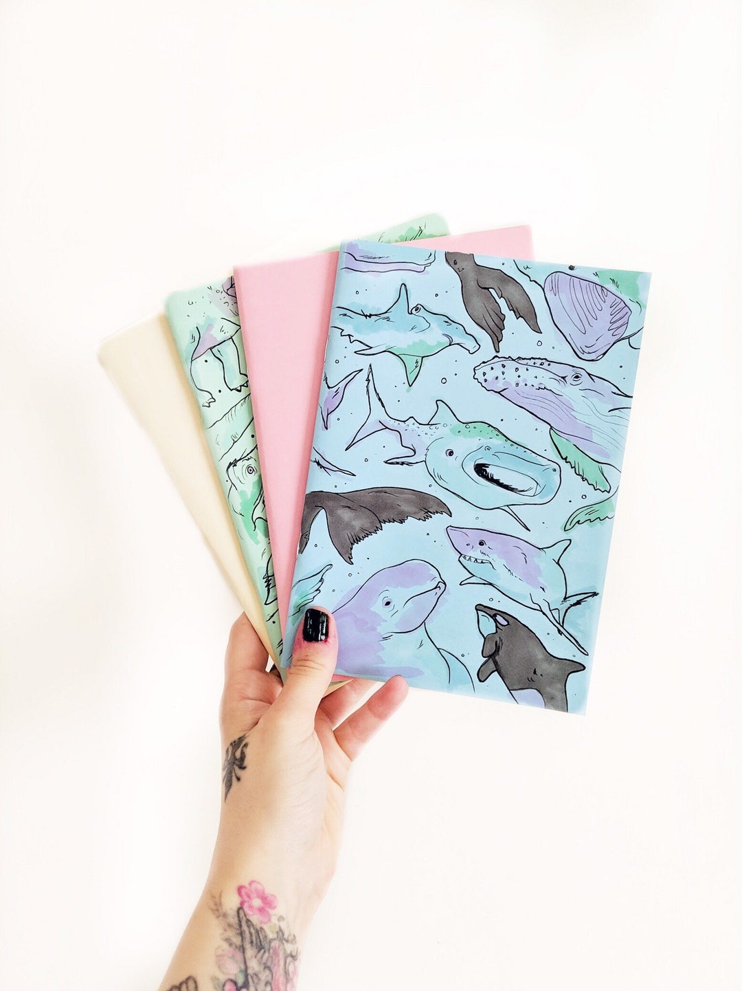 Pastel Whale and Shark Notebook Colourful Sea Ocean Sketchbook Handmade ...