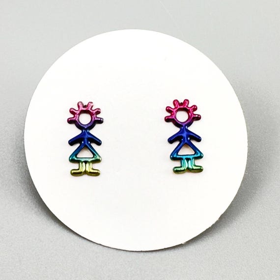 Vintage Rainbow Stick Figure People Earrings Couple C… - Gem