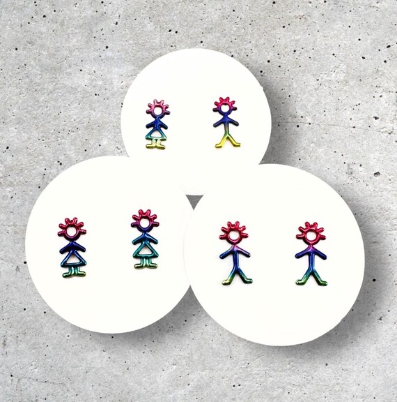 Vintage Rainbow Stick Figure People Earrings Couple C… - Gem