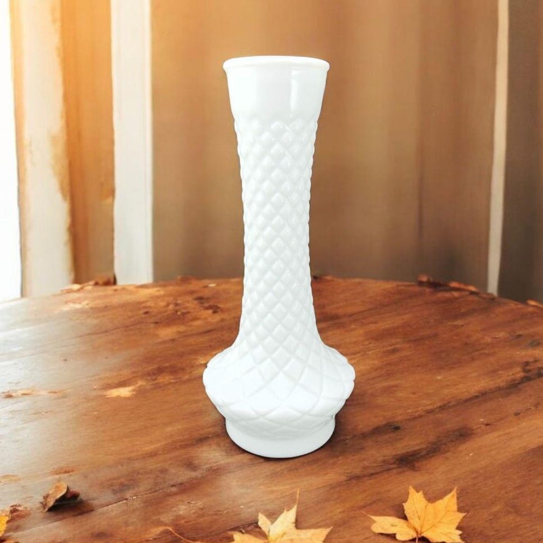 Vintage Randall White Milk Glass Diamond Pattern Flared Vase 9 Tall - Etsy