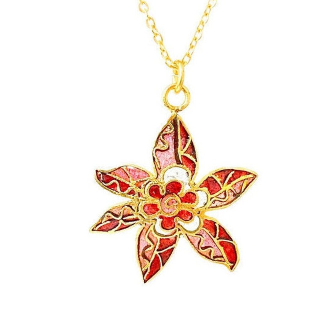 Vintage Plique a Jour Enamel Red Star Flower Pendant Necklace 18" Gold ...