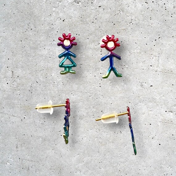 Vintage Rainbow Stick Figure People Earrings Couple C… - Gem