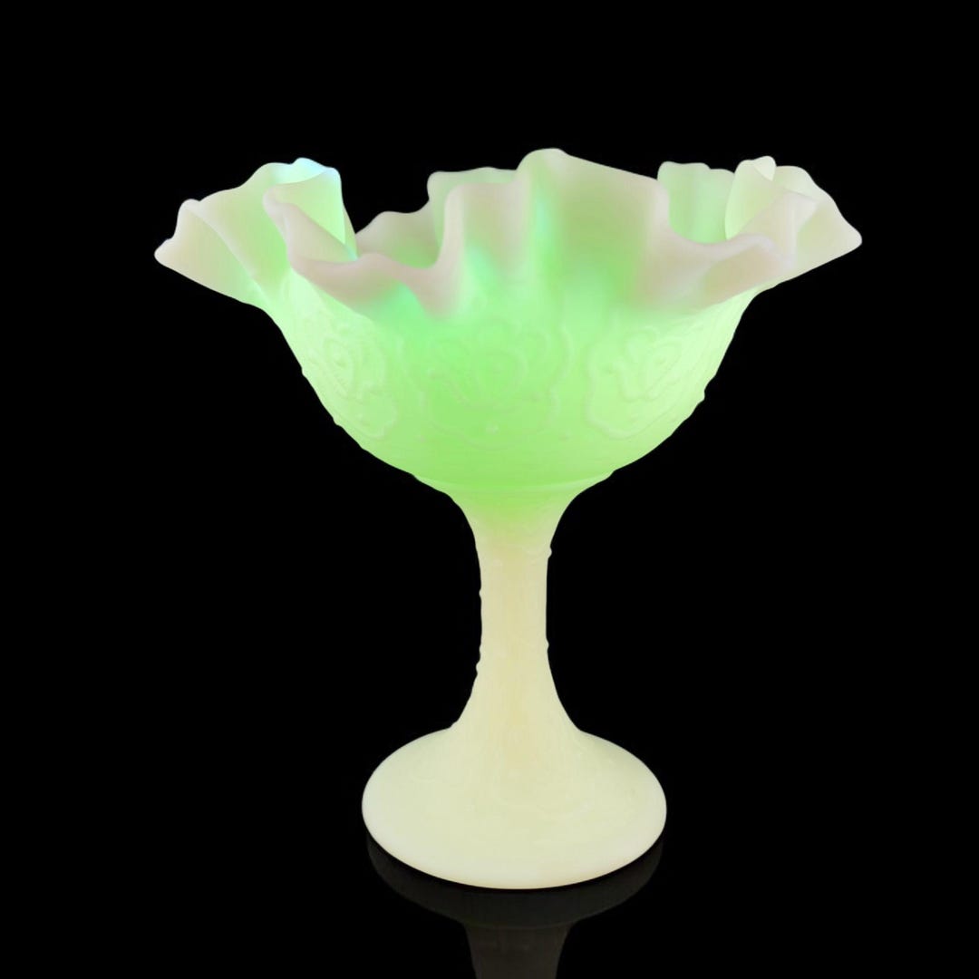 Vintage Fenton Uranium Custard Glass Ruffled Edge Pedestal Compote ...