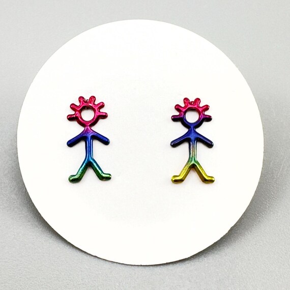 Vintage Rainbow Stick Figure People Earrings Couple C… - Gem